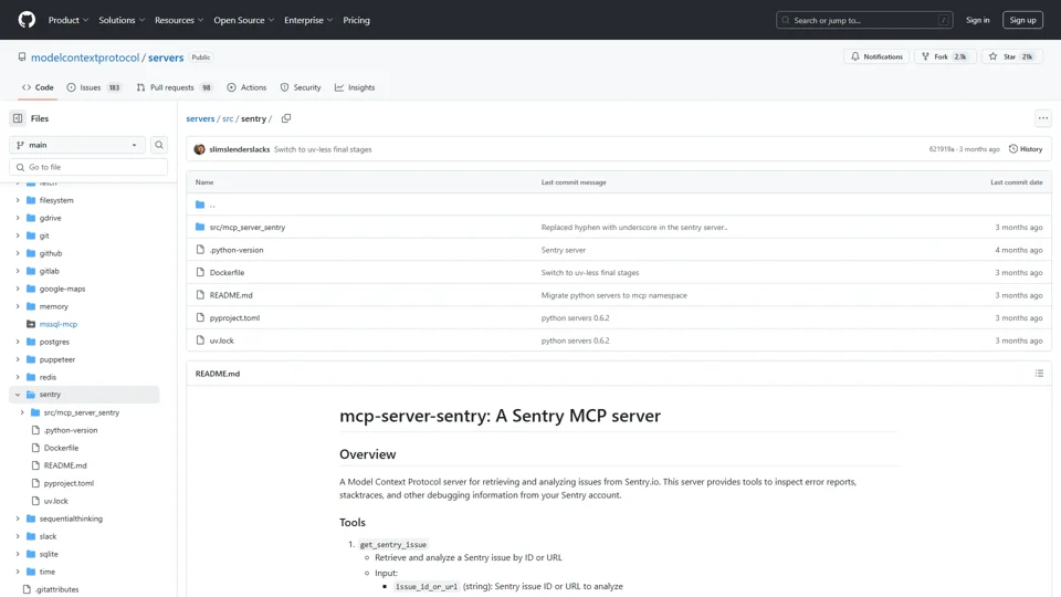 servers/src/sentry at main · modelcontextprotocol/servers · GitHub | AI Coding Helper